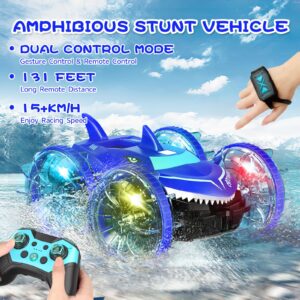 Axirata Amphibious RC Car with Lights for Kids 3-12 Year Old Boys Toy Gesture Hand Remote Control Boat 4WD 2.4GHz Waterproof RC Stunt Car 360° Rotating Water Beach Pool Toys Gift for Boys Girls