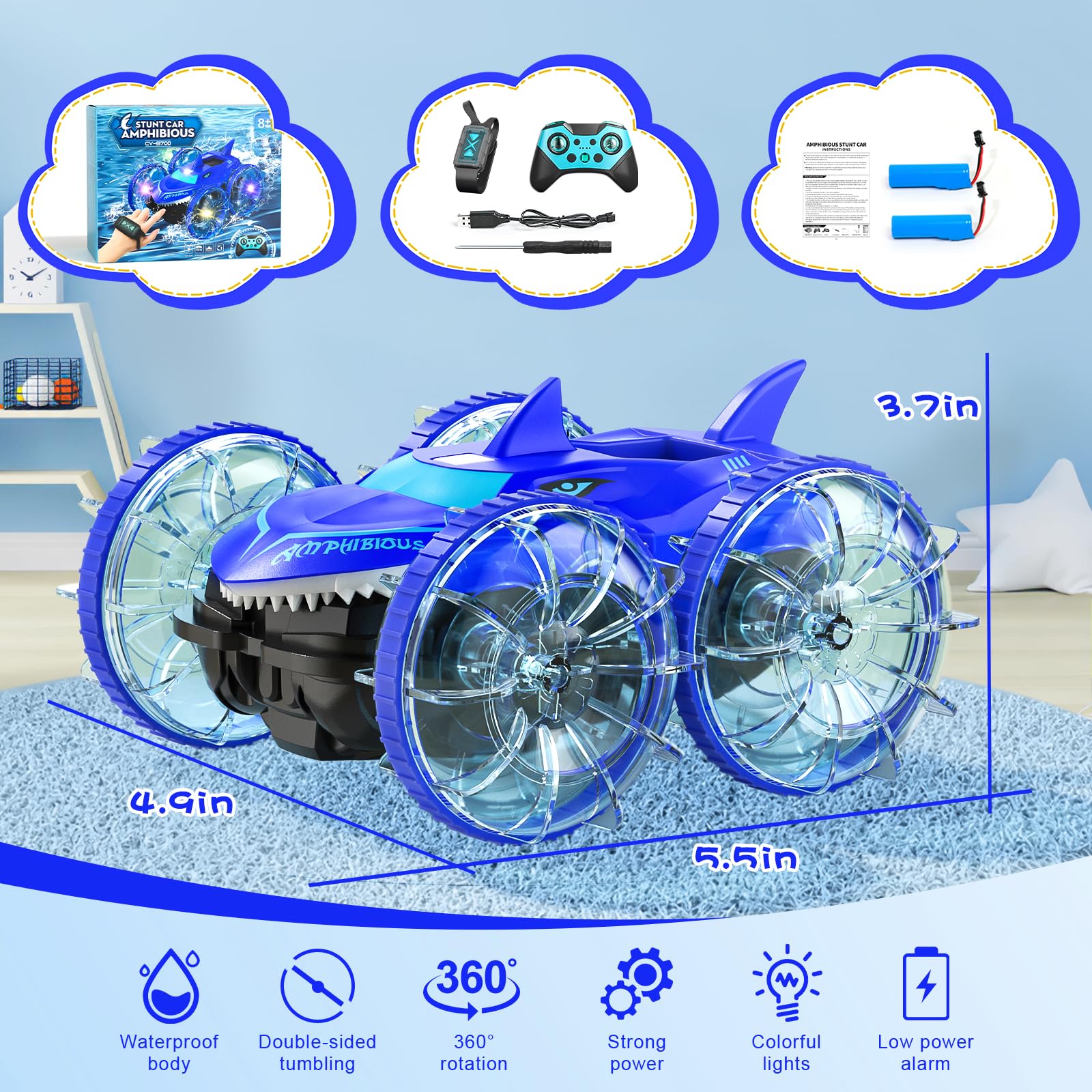 Axirata Amphibious RC Car with Lights for Kids 3-12 Year Old Boys Toy Gesture Hand Remote Control Boat 4WD 2.4GHz Waterproof RC Stunt Car 360° Rotating Water Beach Pool Toys Gift for Boys Girls