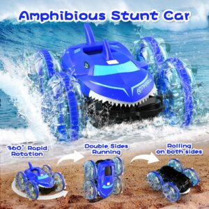 Axirata Amphibious RC Car with Lights for Kids 3-12 Year Old Boys Toy Gesture Hand Remote Control Boat 4WD 2.4GHz Waterproof RC Stunt Car 360° Rotating Water Beach Pool Toys Gift for Boys Girls