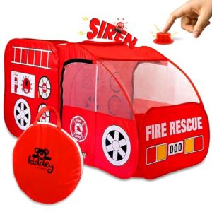 kiddey fire truck play tent for kids - firetruck tents with sirens and fireman sound button for girls, boys, & toddlers gifts - red fire engine pop up playhouse for toddler - indoor & outdoor