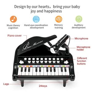 24 Keys,Kids Grand Piano Keyboard Toy for Beginners,3 4 5 6 Years Old Toddler Girl Boy First Birthday Gift,Musical Instrument,w/Microphone,Multiple Sounds,Note Stickers,Recordings,Connecting MP3,Black