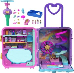 polly pocket pollyville playset, resort rollaway suitcase, large travel toy with 4 dolls, car, 25+ accessories & storage