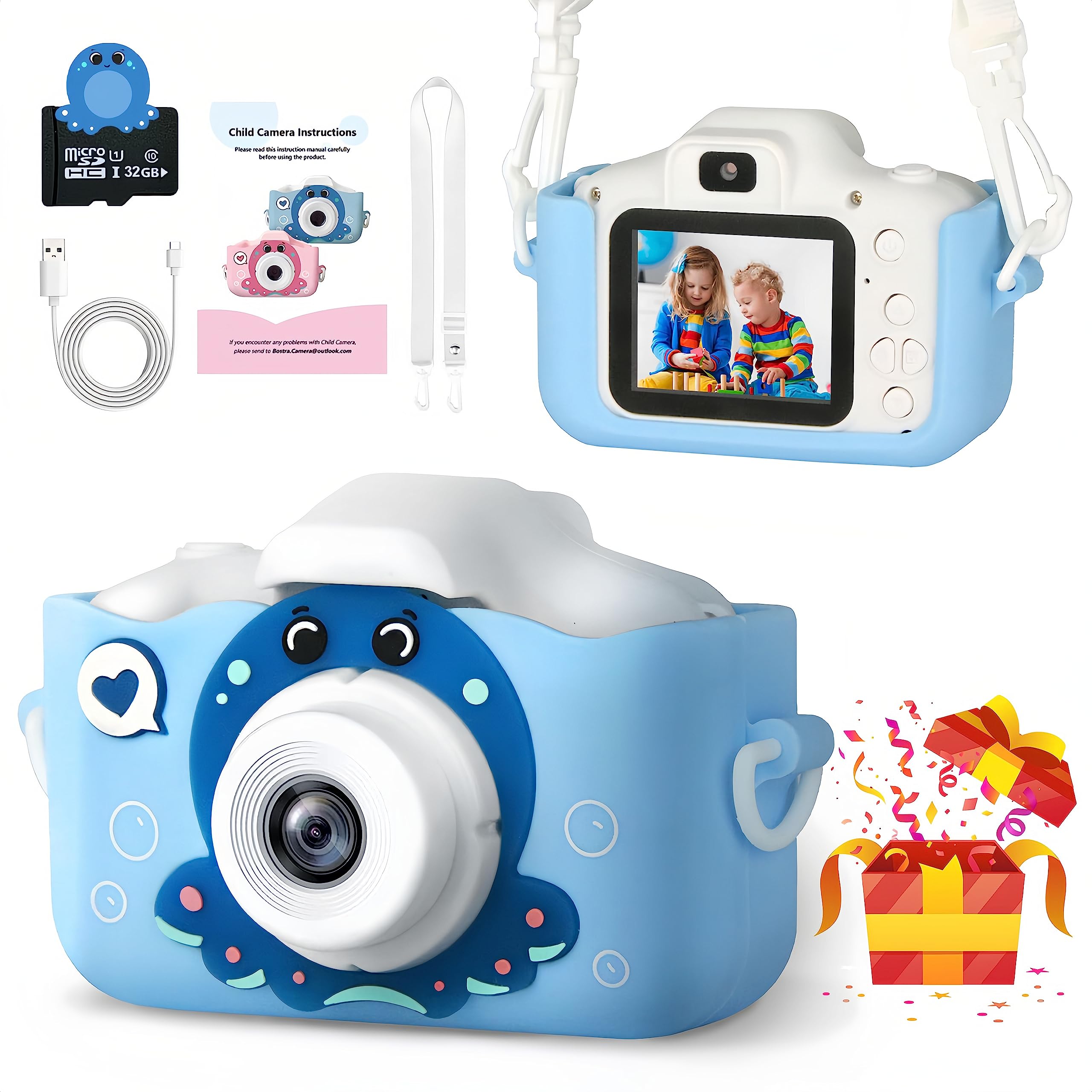 Bostra Upgrade Kids Camera for Girls/Boys, Octopus Toy Camera for Toddlers Age 3-12, Hd Kids Digital Cameras with as Birthday Christmas Festival Gifts for Boys (Blue)