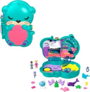 polly pocket compact playset, otter aquarium with 2 micro dolls & accessories, travel toys with surprise reveals (amazon exclusive)