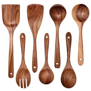 wooden non-stick kitchen pan toolset 7 pieces set,100% natural teak kitchen utensils spatula, wooden cooking utensils spoons, fried spatula and salad fork