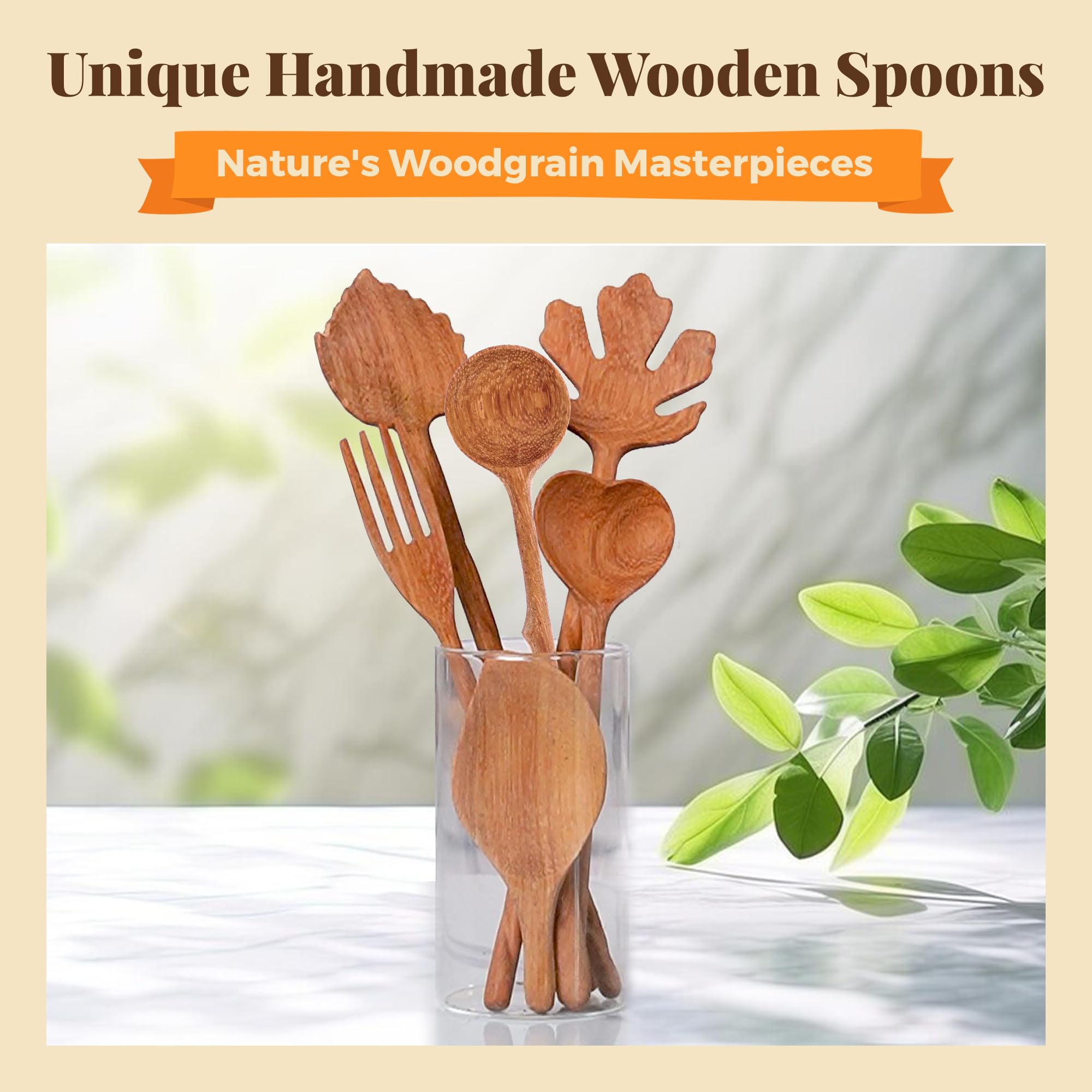 JABIHOME Natural Wooden Spoons and Forks Set of 6, Easter Gifts for Mom, Salad Tongs for Serving, Cooking Kitchen Utensils, Kitchen Gifts for Mom, Gifts for Women, Happy New Year Gifts