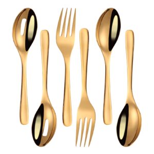 mafier 10 inch stainless steel catering serving utensils for party buffet dinner banquet cooking kitchen basics,including serving spoon x 2,slotted serving spoon x 2,serving forks x 2（gold)