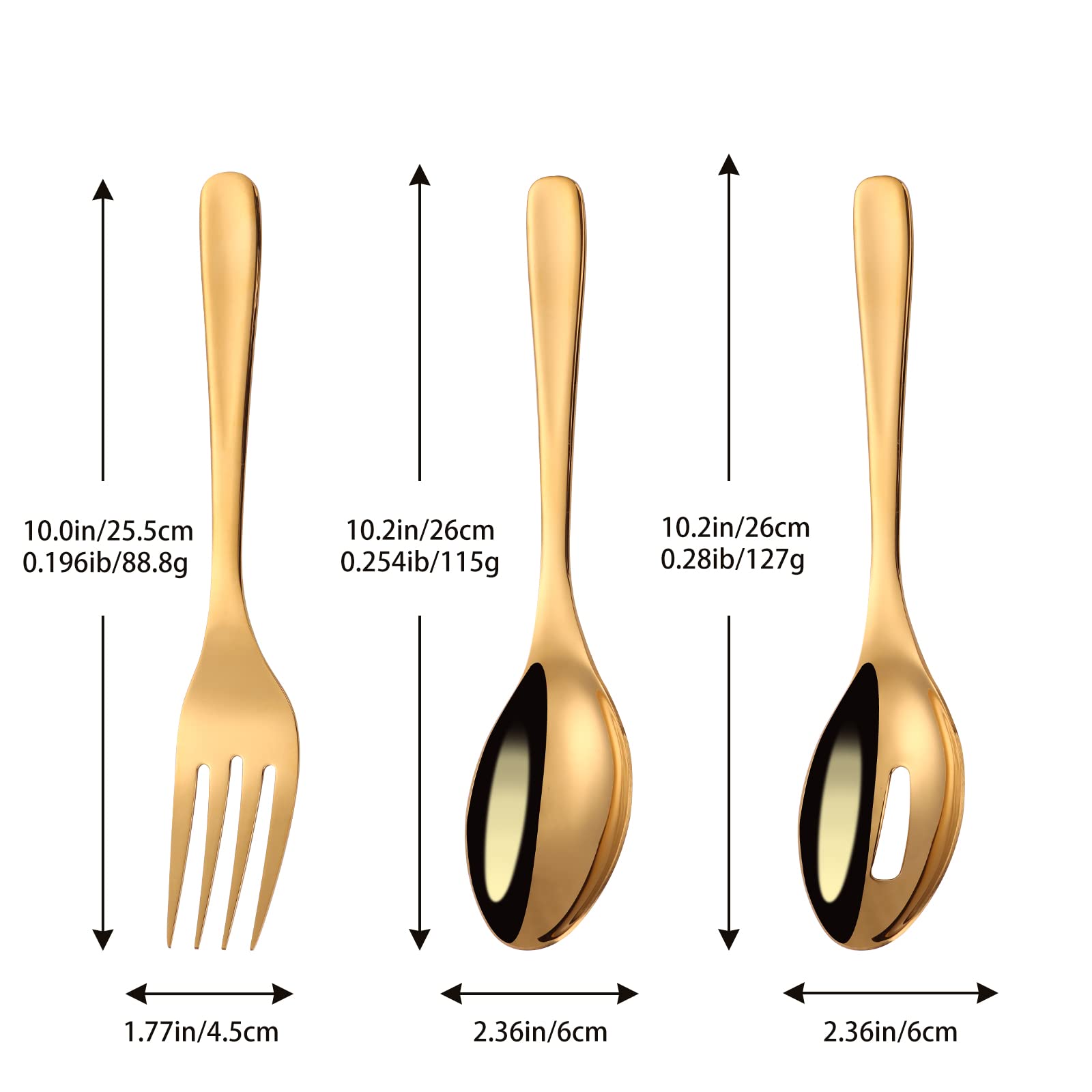 Mafier 10 Inch Stainless Steel Catering Serving Utensils for Party Buffet Dinner Banquet Cooking Kitchen Basics,Including Serving Spoon x 2,Slotted Serving Spoon x 2,Serving Forks x 2（Gold)