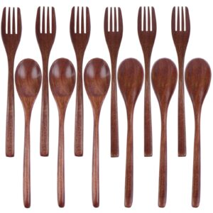 12 pieces wooden spoons forks set kitchen tableware reusable eco-friendly natural wood dinnerware utensil wooden fork practical japanese wood cutlery for cooking stirring eating