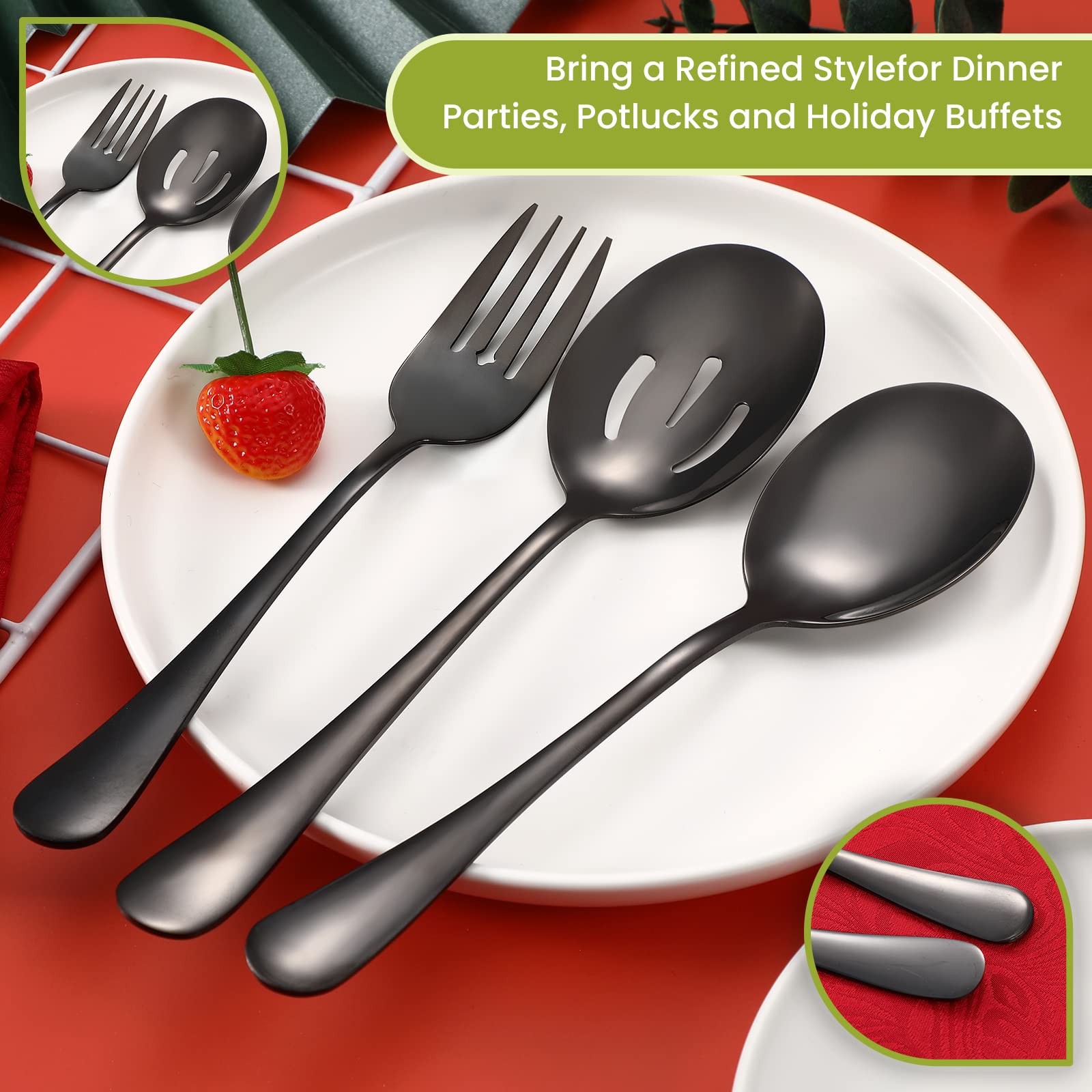 6 Pack Serving Spoons Set Includes 2 Serving Spoons 2 Slotted Serving Spoons and 2 Serving Forks Stainless Steel Buffet Dinner Restaurant Serving Spoons Set for Party Banquet, 8.7 Inch (Black)