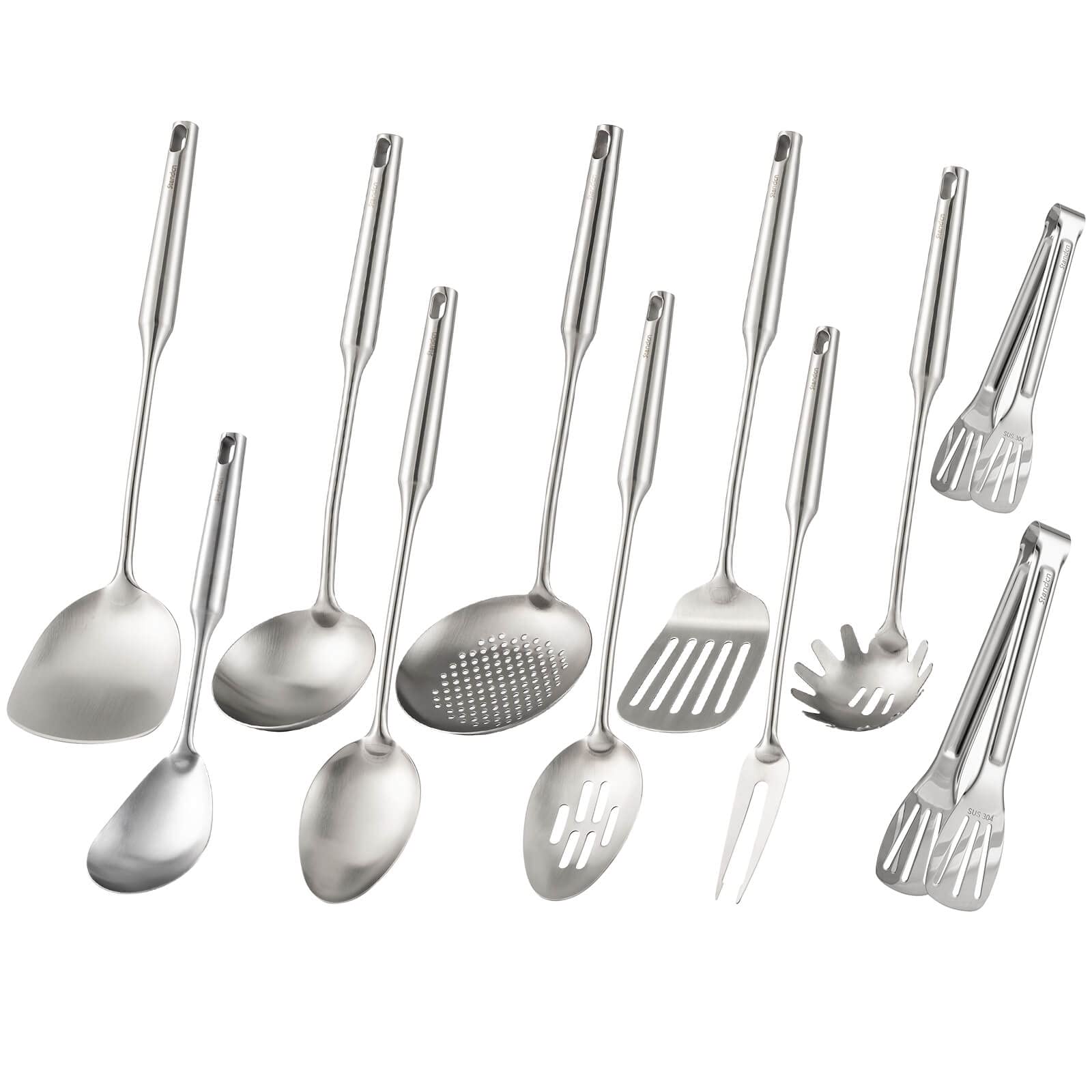 304 Stainless Steel Kitchen Utensils Set, 11 PCS All Metal Cooking Spoons - 2 Tongs, Fork, Solid Spoon, Slotted Spoon, Spatula, Soup Ladle, Skimmer, Slotted Spatula, Spaghetti Spoon, Large Spoon