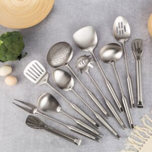 304 Stainless Steel Kitchen Utensils Set, 11 PCS All Metal Cooking Spoons - 2 Tongs, Fork, Solid Spoon, Slotted Spoon, Spatula, Soup Ladle, Skimmer, Slotted Spatula, Spaghetti Spoon, Large Spoon