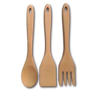 1pc wooden spatula,1pc wooden spoon and 1pc wooden fork in a set, handmade organic beech wood utensil for kitchen, natural nonstick hard wood spatulas and wood spoon set, premium wood cooking set