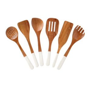 folkulture wooden spoons for cooking or cooking utensils set, set of 6 wooden cooking spoons for kitchen, non-stick cookware set or wooden spoon set with spurtle,fork, spatula and strainer (white)