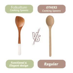 Folkulture Wooden Spoons for Cooking or Cooking Utensils Set, Set of 6 Wooden Cooking Spoons for Kitchen, Non-Stick Cookware Set or Wooden Spoon Set with Spurtle,Fork, Spatula and Strainer (White)