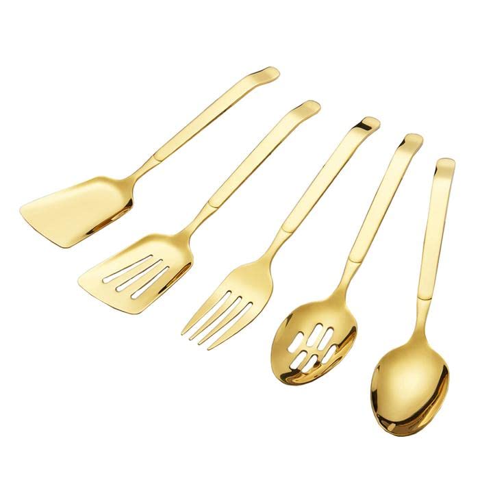 Kitchen Utensils Set 5 PCs Gold Serving Spoon Slotted Spoon Slotted Spactula Flat Turner Dinner Fork Cooking Tool Set