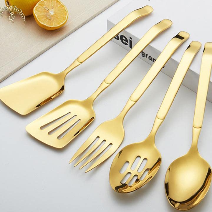 Kitchen Utensils Set 5 PCs Gold Serving Spoon Slotted Spoon Slotted Spactula Flat Turner Dinner Fork Cooking Tool Set