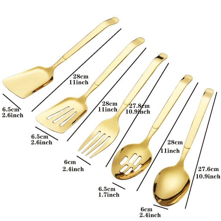 Kitchen Utensils Set 5 PCs Gold Serving Spoon Slotted Spoon Slotted Spactula Flat Turner Dinner Fork Cooking Tool Set