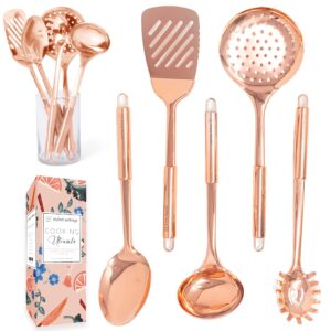 copper cooking utensils for cooking/serving, rose gold kitchen utensils -stainless steel copper serving utensils set 5 pcs-copper ladle, serving spoon, pasta serving fork, spatula, kitchen skimmer