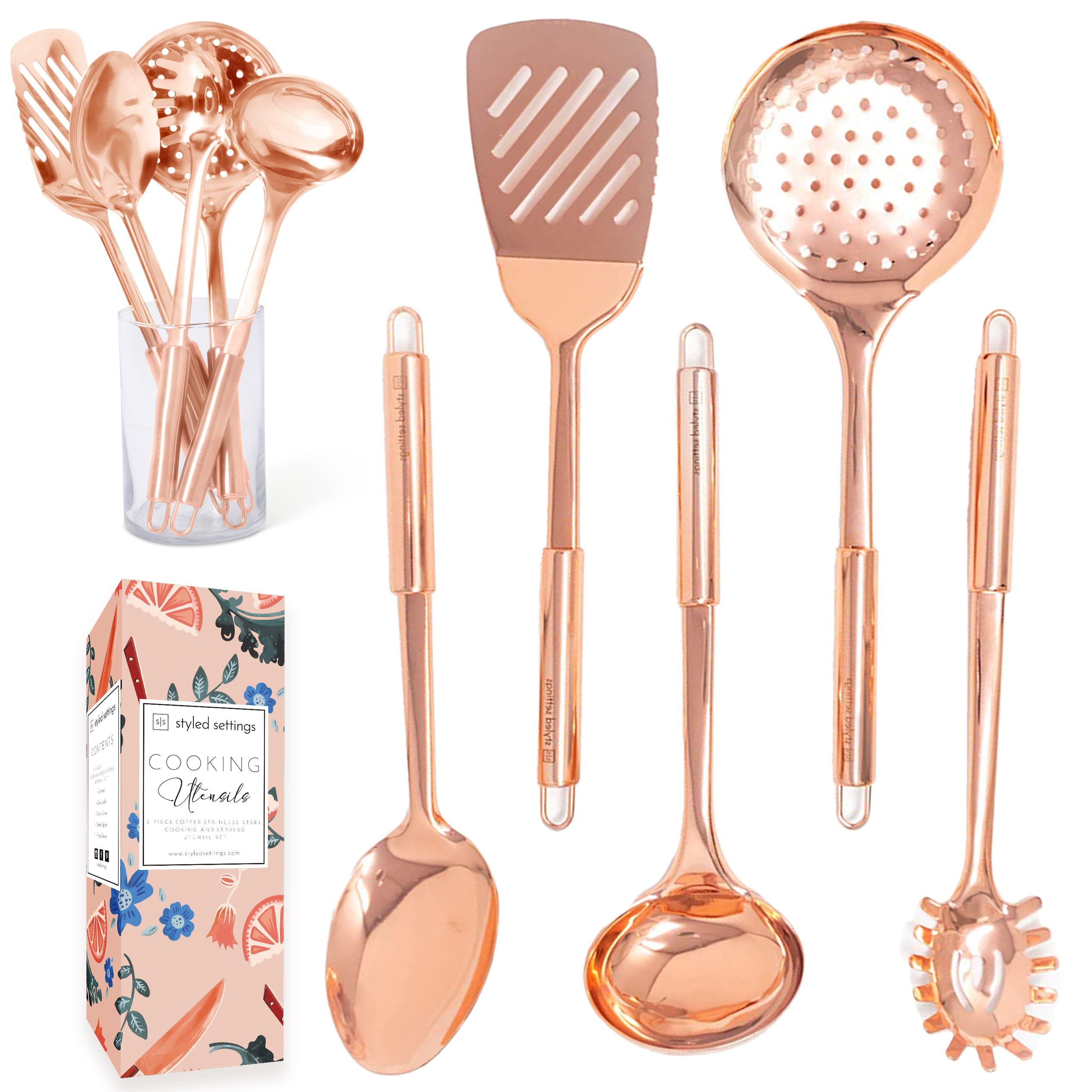 Copper Cooking Utensils for Cooking/Serving, Rose Gold Kitchen Utensils -Stainless Steel Copper Serving Utensils Set 5 PCS-Copper Ladle, Serving Spoon, Pasta Serving Fork, Spatula, Kitchen Skimmer