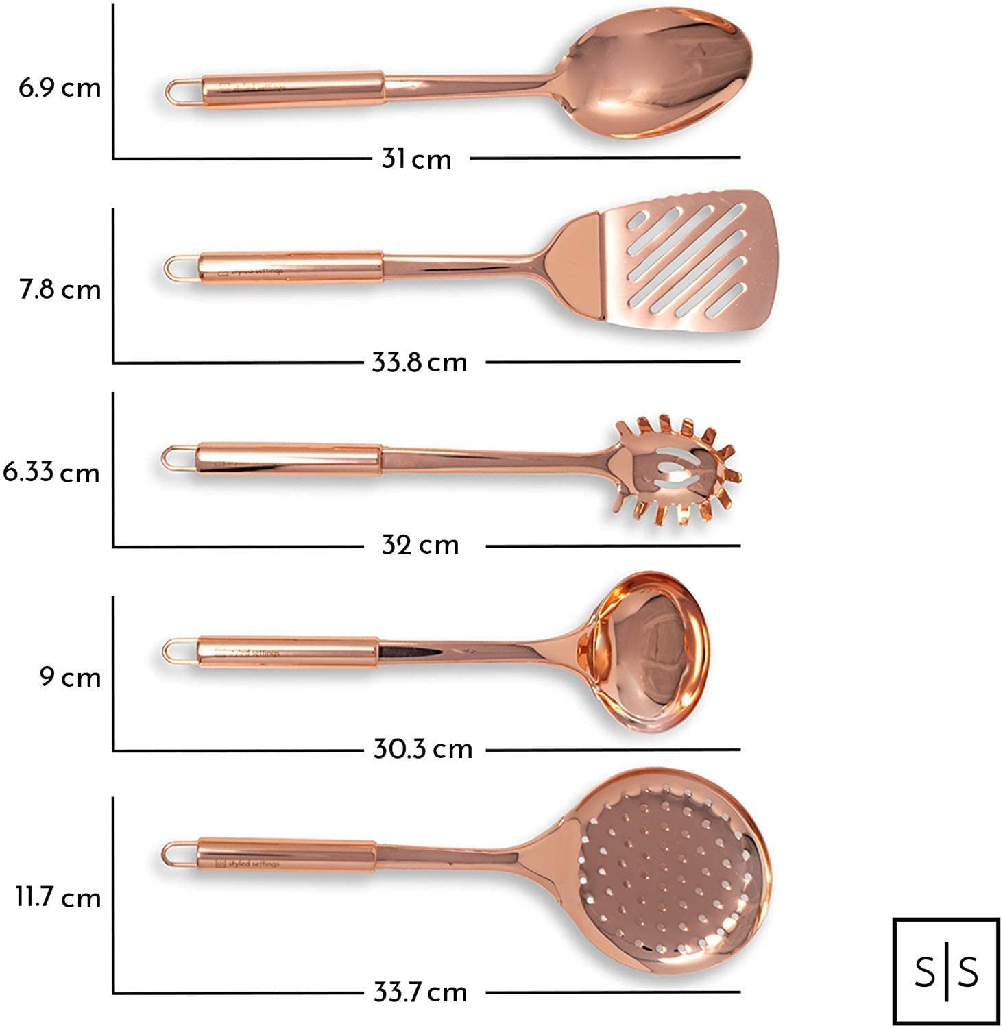 Copper Cooking Utensils for Cooking/Serving, Rose Gold Kitchen Utensils -Stainless Steel Copper Serving Utensils Set 5 PCS-Copper Ladle, Serving Spoon, Pasta Serving Fork, Spatula, Kitchen Skimmer