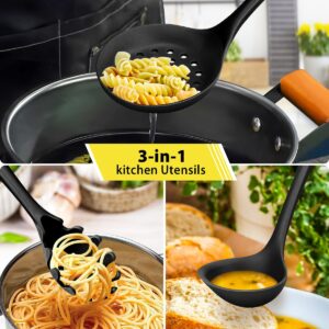 3 Pcs Silicone Kitchen Utensils Set, Soup Ladle-Pasta Fork-Slottede Spoon, Nonstick BPA Free High Heat Resistant Cooking Utensils for Mixing, Serving, Draining, Turning, Stirring