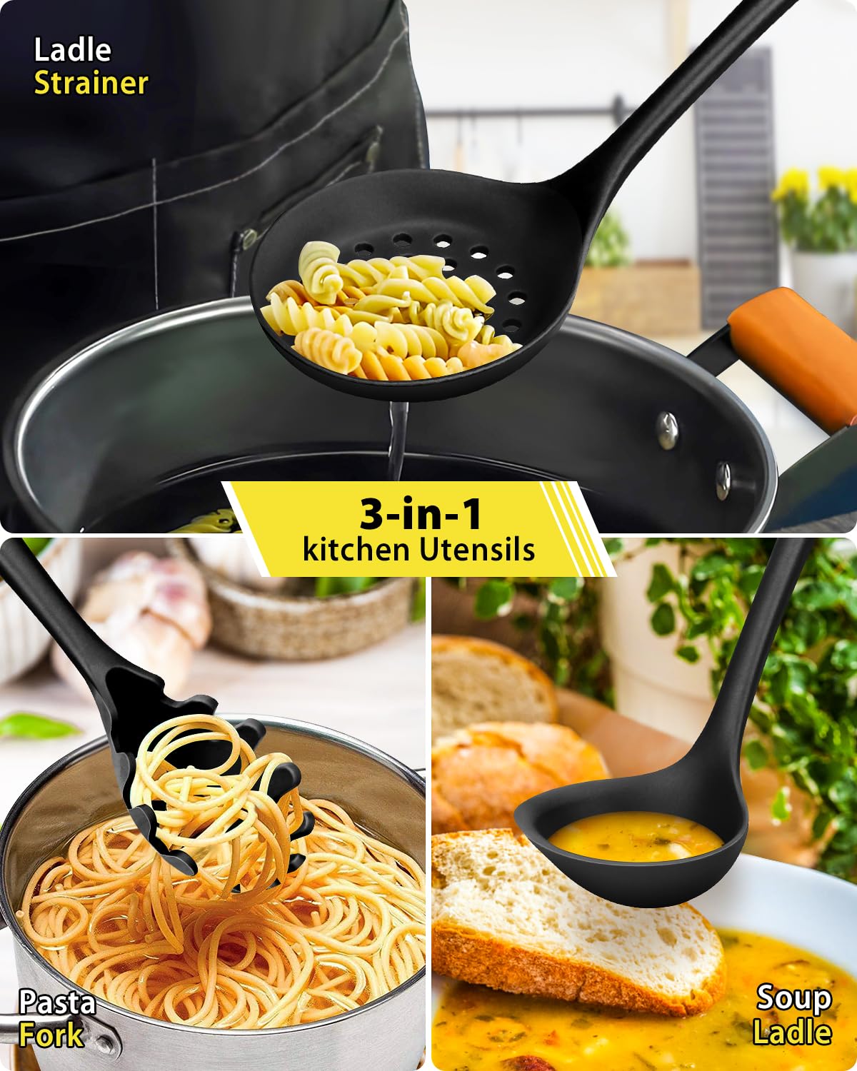 3 Pcs Silicone Kitchen Utensils Set, Soup Ladle-Pasta Fork-Slottede Spoon, Nonstick BPA Free High Heat Resistant Cooking Utensils for Mixing, Serving, Draining, Turning, Stirring