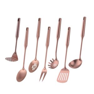 7 pcs round handle cooking utensil set, 304 stainless steel rose gold titanium plated cookware sets with public fork/spoon, potato mashers, slotted spatula, soup ladle, pasta server, kitchen tool