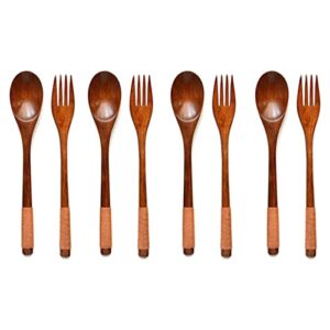 8 Pcs Wooden 9 inch Japanese Spoon Fork Set Including Wooden Spoons and Wooden Forks Japanese Wooden Utensil Set Reusable Handmade Natural Wood Flatware Set for Cooking Stirring Eating