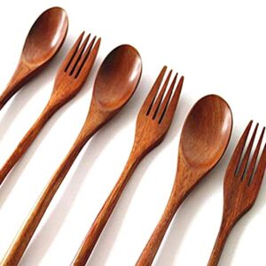 8 Pcs Wooden 9 inch Japanese Spoon Fork Set Including Wooden Spoons and Wooden Forks Japanese Wooden Utensil Set Reusable Handmade Natural Wood Flatware Set for Cooking Stirring Eating