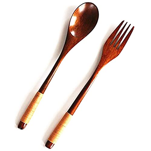 8 Pcs Wooden 9 inch Japanese Spoon Fork Set Including Wooden Spoons and Wooden Forks Japanese Wooden Utensil Set Reusable Handmade Natural Wood Flatware Set for Cooking Stirring Eating