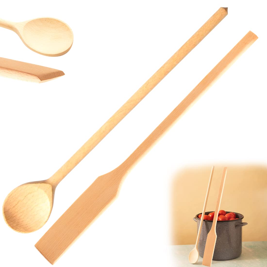 Mr.Woodware Wooden Kitchen Utensils- 24 Inch Long Handle Beech Wood Wok Spatula and Cooking Spoon - 2 in 1 Wooden Cooking Utensils Set for Mixing in Big Stock Pots Cauldron (Spoon & Spatula)