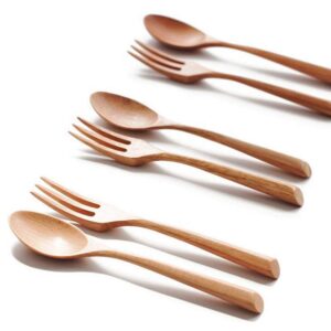 kyien 6pcs wood soup spoons and forks sets natural wood eating utensils wooden flatware set，eco friendly wood cutlery wooden dinner fork and spoon，3 spoons and 3 forks