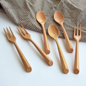 Kyien 6Pcs Wood Soup Spoons And Forks Sets Natural Wood Eating Utensils Wooden Flatware Set，Eco Friendly Wood Cutlery Wooden Dinner Fork And Spoon，3 Spoons and 3 Forks