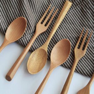 Kyien 6Pcs Wood Soup Spoons And Forks Sets Natural Wood Eating Utensils Wooden Flatware Set，Eco Friendly Wood Cutlery Wooden Dinner Fork And Spoon，3 Spoons and 3 Forks