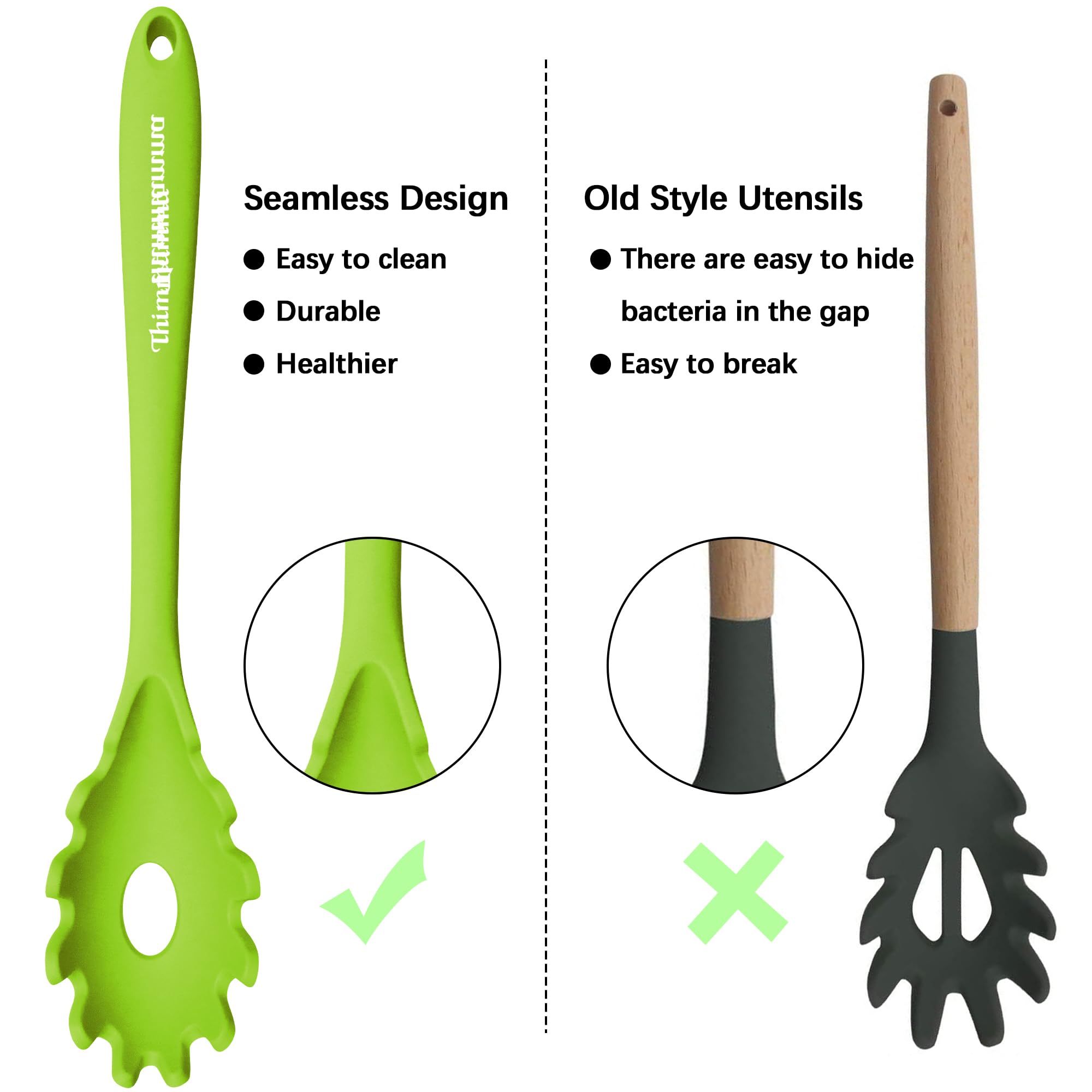 Silicone Cooking Spoons, Heat Resistant Large Silicone Pasta Slotted Spoon Solid Basting Spoon set for Nonstick Cookware, BPA Free Black Kitchen Silicone Spoons set for Mixing, Serving, Draining Green