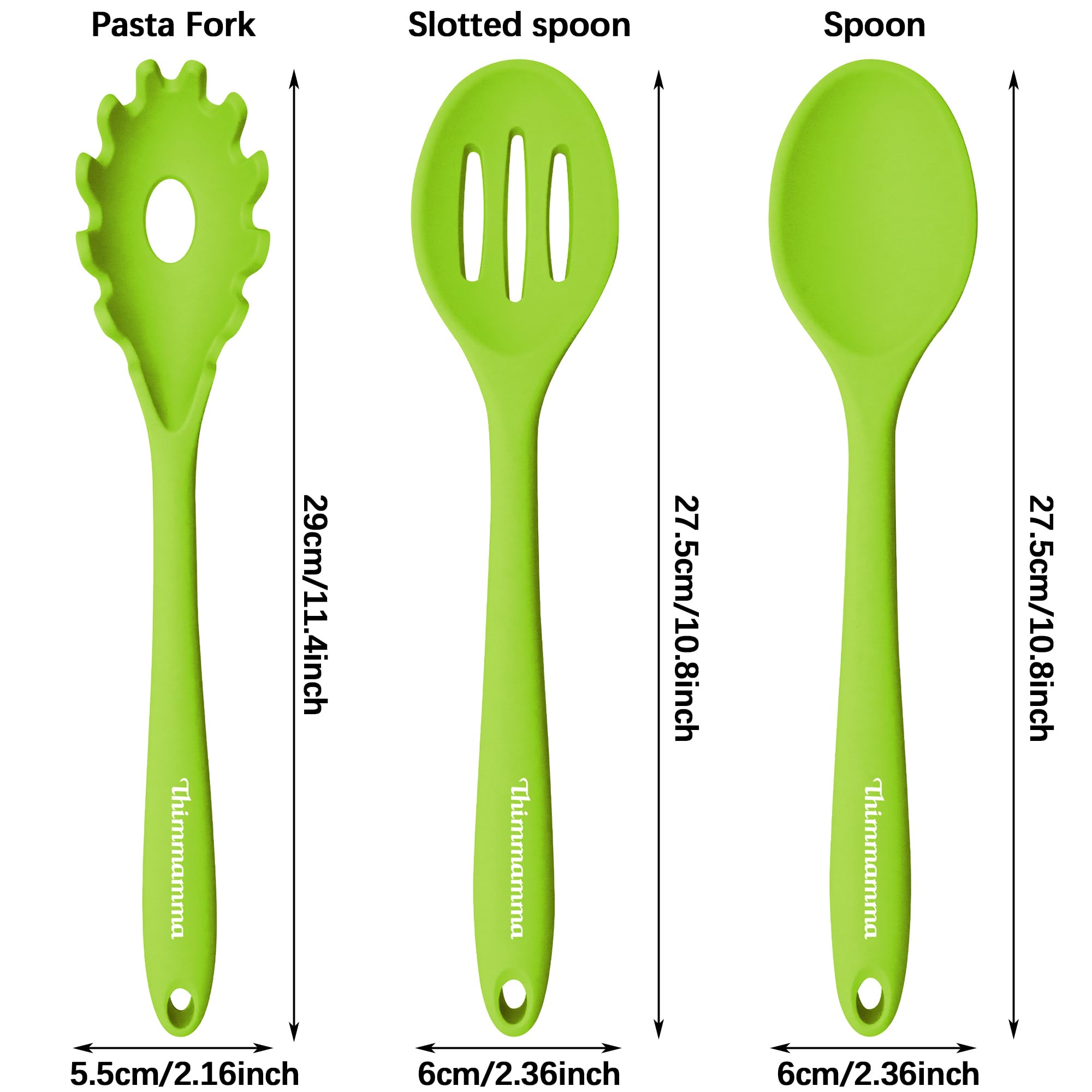 Silicone Cooking Spoons, Heat Resistant Large Silicone Pasta Slotted Spoon Solid Basting Spoon set for Nonstick Cookware, BPA Free Black Kitchen Silicone Spoons set for Mixing, Serving, Draining Green