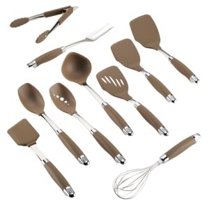 anolon tools set/nonstick nylon cooking utensils/kitchen gadgets includes spoons, turners, ladle, meat fork, whisk, and locking tongs, 10 piece, bronze