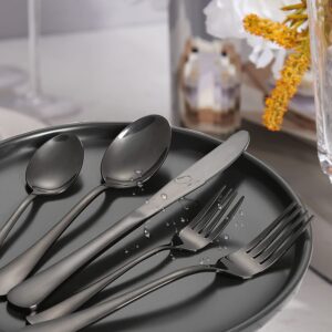 Black Spoons and Forks Set, Set of 16 Top Food Grade Stainless Steel Forks and Spoons Silverware Set, Kitchen Accessories Forks (8 Inch) and Spoons (6.69 Inch) Cutlery Set, Mirror Finish