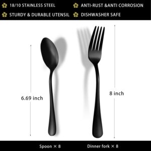 Black Spoons and Forks Set, Set of 16 Top Food Grade Stainless Steel Forks and Spoons Silverware Set, Kitchen Accessories Forks (8 Inch) and Spoons (6.69 Inch) Cutlery Set, Mirror Finish