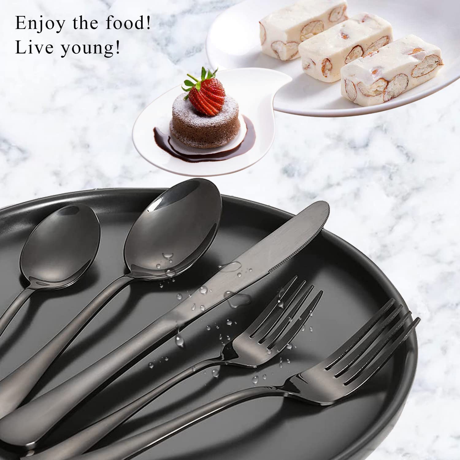 Black Spoons and Forks Set, Set of 16 Top Food Grade Stainless Steel Forks and Spoons Silverware Set, Kitchen Accessories Forks (8 Inch) and Spoons (6.69 Inch) Cutlery Set, Mirror Finish