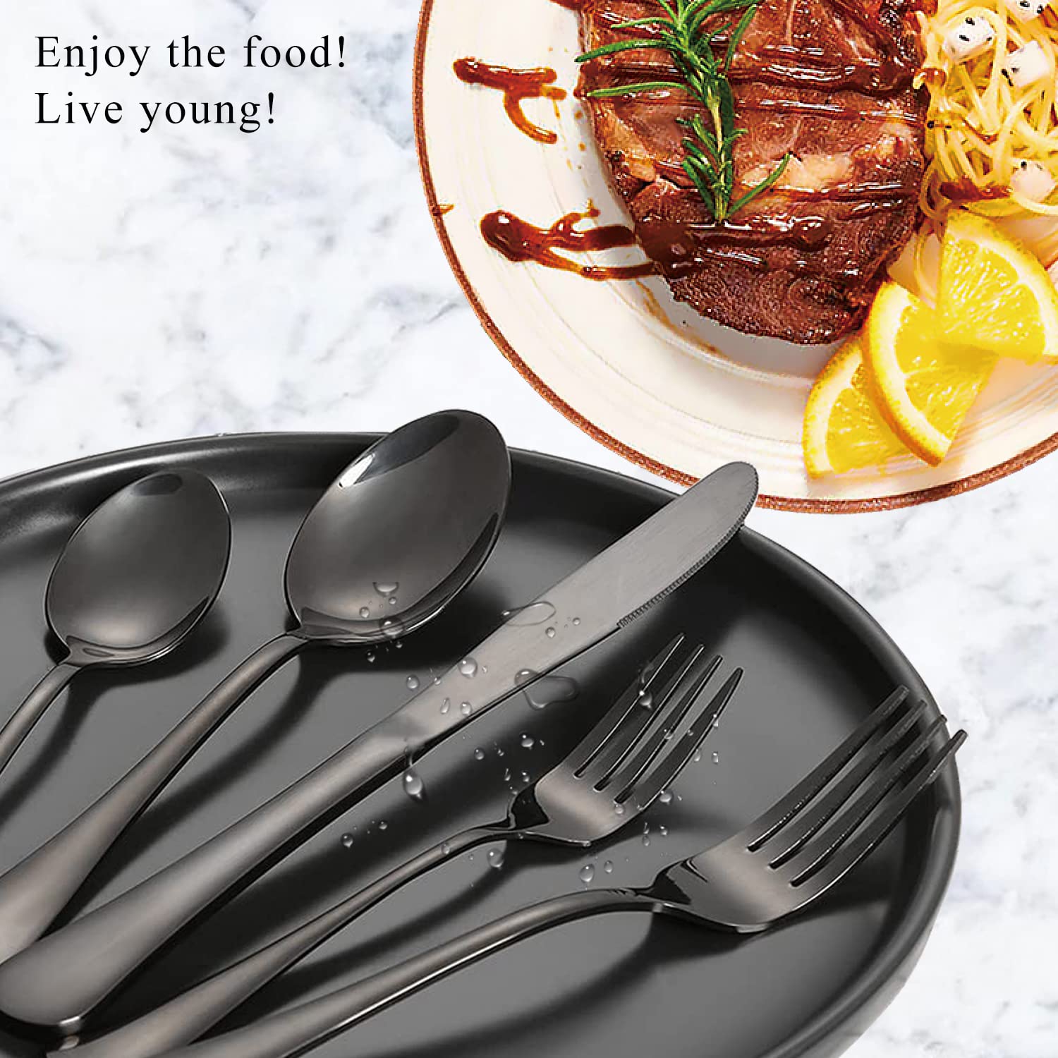 Black Spoons and Forks Set, Set of 16 Top Food Grade Stainless Steel Forks and Spoons Silverware Set, Kitchen Accessories Forks (8 Inch) and Spoons (6.69 Inch) Cutlery Set, Mirror Finish