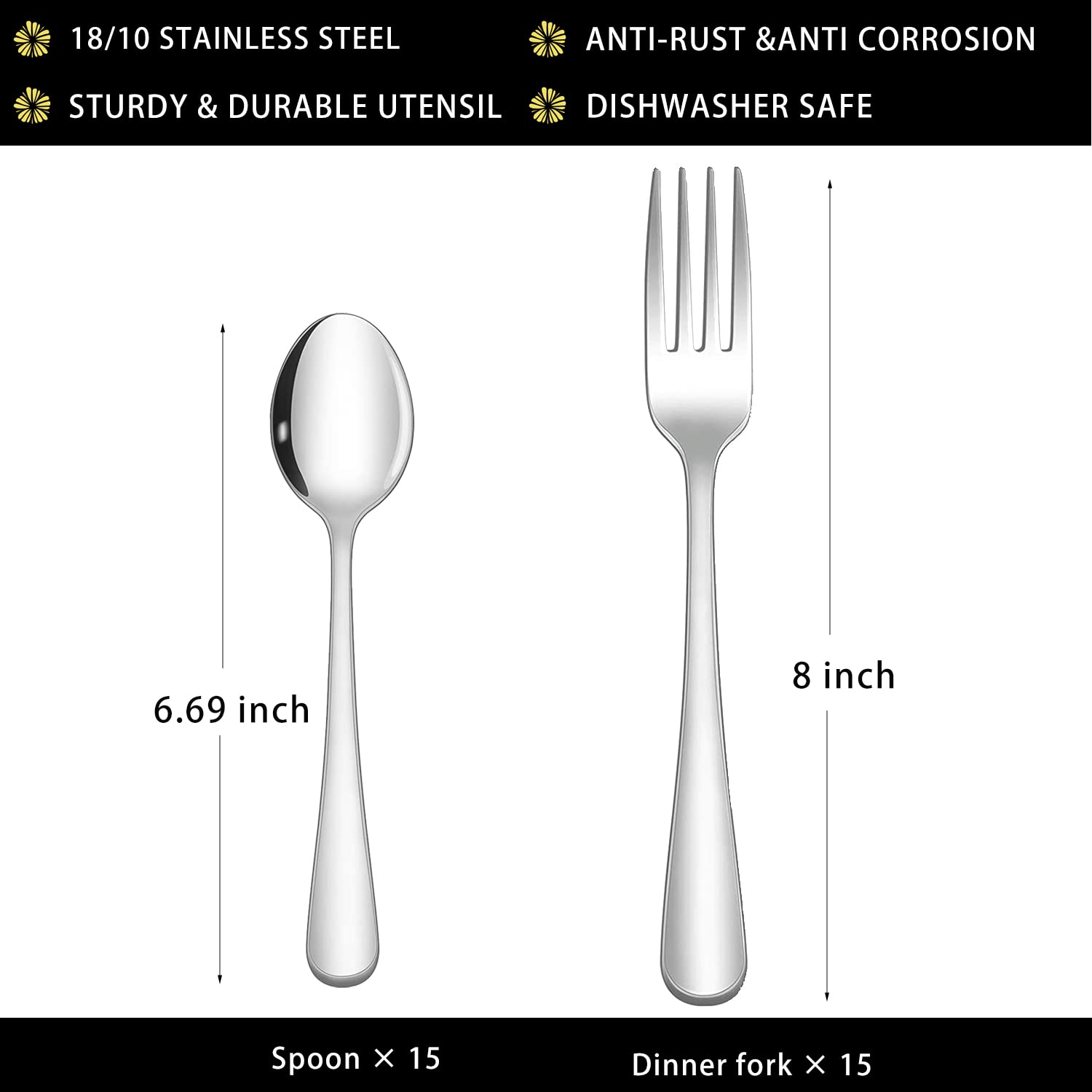 Spoons and Forks Set, Set of 30 Top Food Grade Stainless Steel Forks and Spoons Silverware Set, Kitchen Utensils Forks (8 Inch) and Spoons (6.69 Inch) Cutlery Set, Mirror Finish & Dishwasher Safe