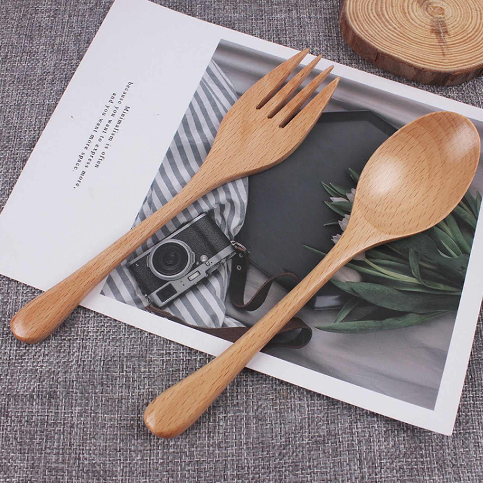 MISNODE 2Pcs Wooden Spoon Set Spoon Fork Set for Eating Mixing Stirring, Sauce Spoon Japanese Style Tableware Kitchen Utensil for Home Kitchen Restaurant