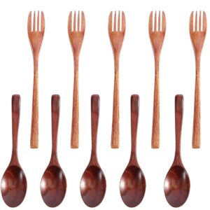 leadigol 10pcs wooden spoons forks set kitchen tableware reusable eco-friendly tableware teaspoon wooden forks salad dinner fork tableware dinnerware