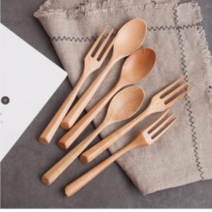 zoci Triangular Handle Wooden Spoon Fork Set Dessert Wooden Spoon Wooden Fork Portable Spoon Fork