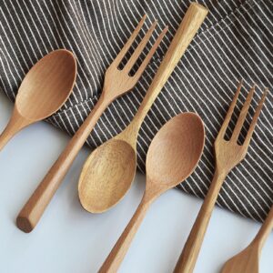 zoci Triangular Handle Wooden Spoon Fork Set Dessert Wooden Spoon Wooden Fork Portable Spoon Fork