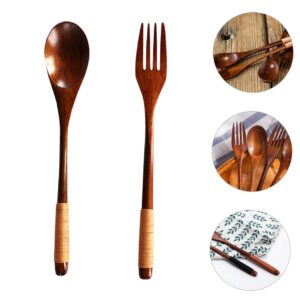 Amosfun Japanese Wooden Handle Fork and Spoon Pasta Server Utensil Wooden Spoon and Fork Wood Soup Porcelain Soup Spoons Wooden Spoon Fork Chopsticks for Eating Ice Major Travel Friendly