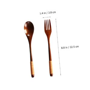 Amosfun Japanese Wooden Handle Fork and Spoon Pasta Server Utensil Wooden Spoon and Fork Wood Soup Porcelain Soup Spoons Wooden Spoon Fork Chopsticks for Eating Ice Major Travel Friendly