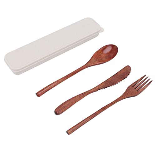 Wooden Cutlery Set of 3 Scratch Proof Portable Spoon Fork Cutter Tableware with Box Wooden Kitchen Dinnerware for Dessert Salads Noodles